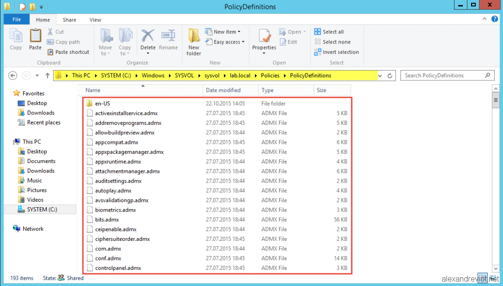 Server 2012 Import Windows 10 ADMX GPO Alexandre VIOT